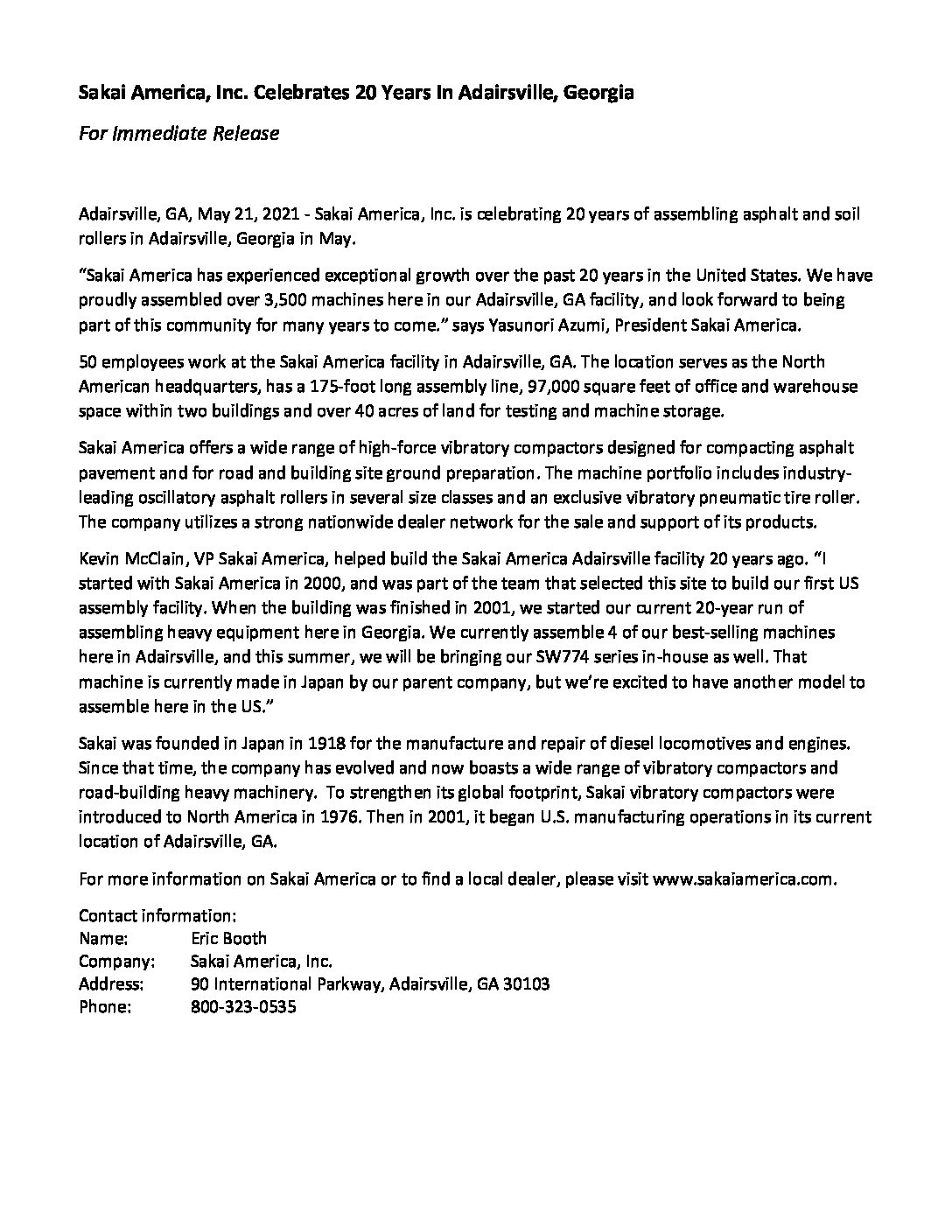 Sakai America celebrates 20 years in Adairsville, GA | Sakai America